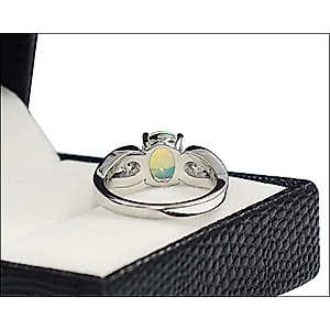 9X7 MM Oval Natural Ethiopian Opal Cabochon Gemstone 925 Sterling Silver October Birthstone Solitaire Unisex Proposal Ring Valentine's Day For Girlfriend Gift (Rhodium Plated Silver, 9.5)
