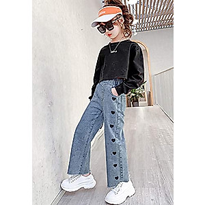 NABER Kids Girls' Casual Elastic Waist Denim Pants Heart Pattern Wide Leg Fashion Jeans Age 4-14 Years (14-15 Years) Blue