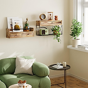 ENPKLUTE Floating Shelf with Drawer Set of 2, Wall Baskets, Bathroom Shelf with Protective Guard, Floating Wood Shelves, Wall Mount Shelves, Above Bed Wall Decor, Rustic Shelves for Bathroom, Bedroom