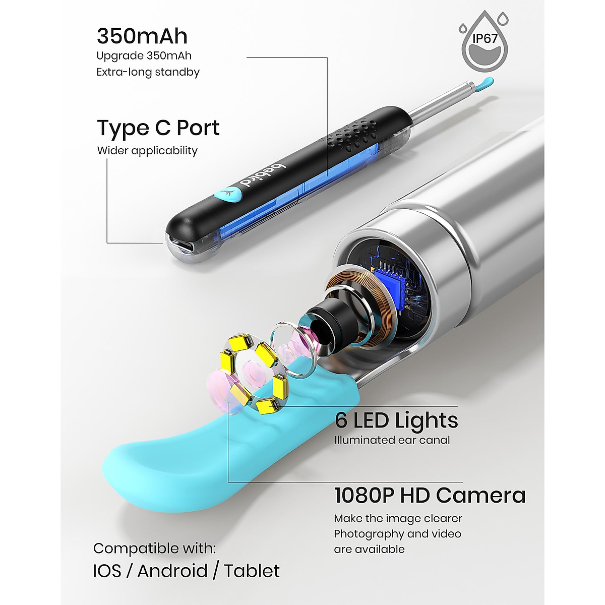 BEBIRD R1 Ear Wax Removal Tool - Spade Ear Cleaner with Ear Camera, 1080P Ear Scope, Earwax Remover Picker with 10 Replacement Tips Ear Pick with 6 LED Light for Earwax Cleaning, Support iPhone, Black