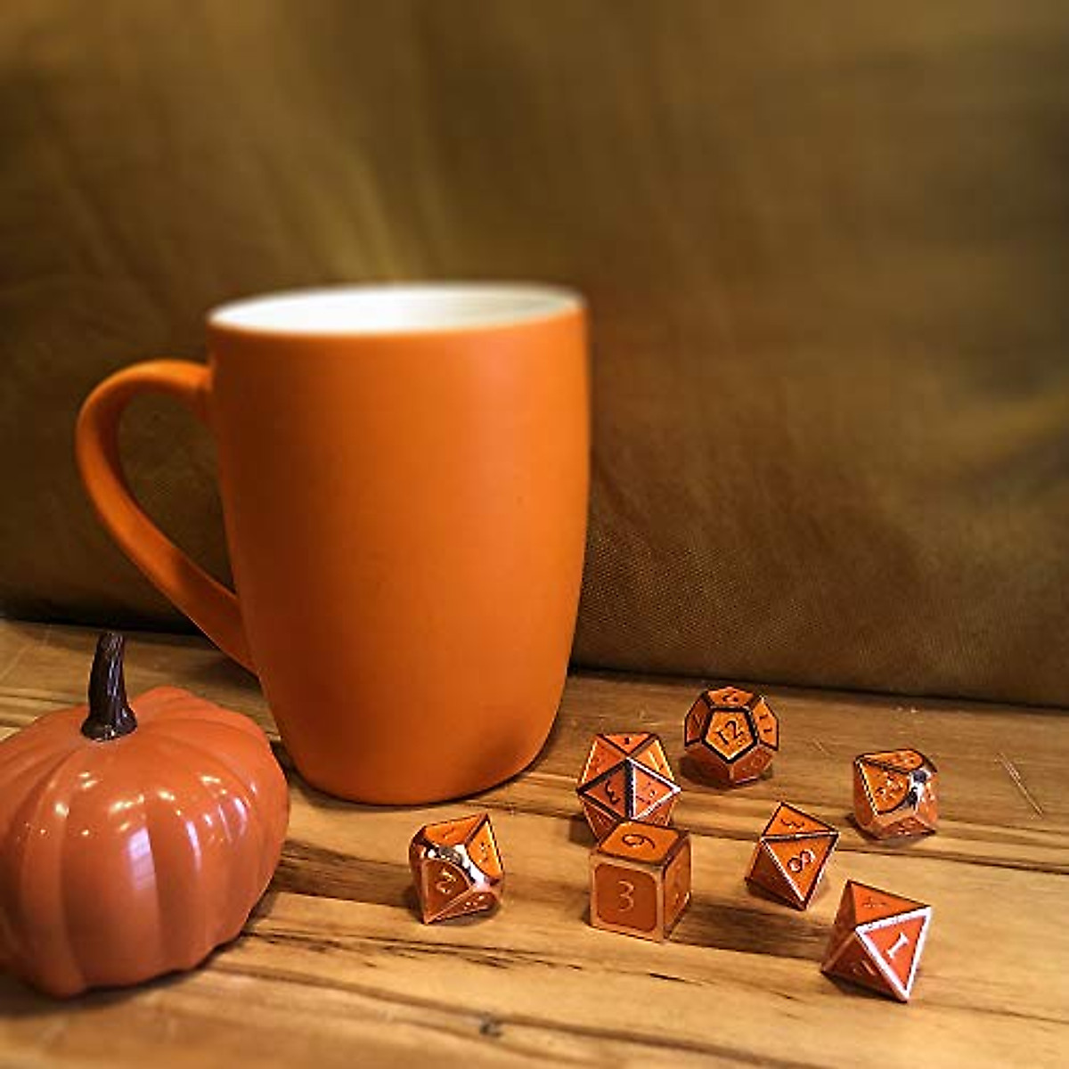 Metal Imperial Dice Set with Display Box | Metal Dice for Tabletop RPG Games Dungeons Dragons (Pumpkin Spice Orange Set)
