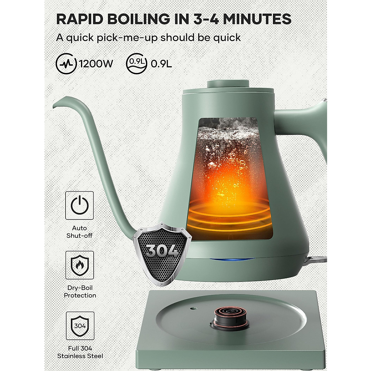 Electric Kettle, Offacy Gooseneck Kettle with 6.8mm Fine V-Shaped Spout, Auto Shut-Off & Boil Dry Protection, BPA Free, 1200 Watt Quick Heating, 0.9L, Light Green