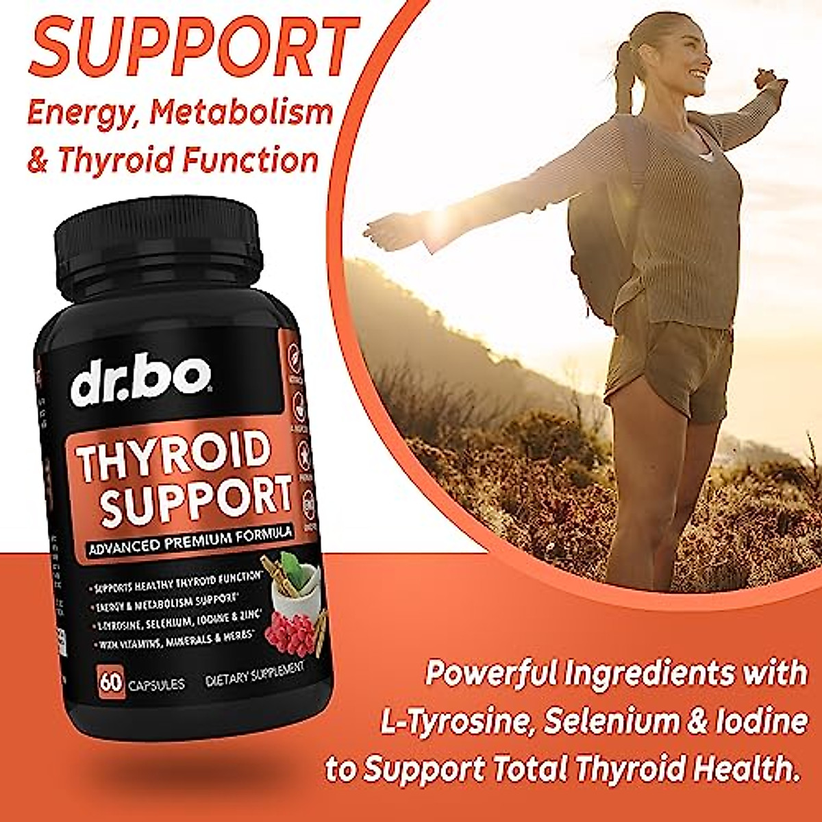 Thyroid Support for Women & Men Supplement - Natural Metabolism, Mood & Energy Enhancer with L-Tyrosine Selenium Iodine Zinc Bladderwrack Kelp & Ashwagandha Thyroid Supplement Complex Vitamin 60 Pills