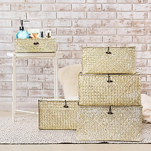 Kigley 6 Pcs Seagrass Basket with Lid Wicker Storage Decorative Boxes with Lids Bin Woven Organizer for Shelf Closet Bedroom, 6 Sizes(Classic Style,White)