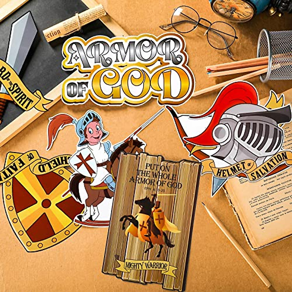 36 Pcs Armor of God Cutouts for Kids Books of The Bible Poster Religious Bulletin Board for Sunday School and Religious Classroom Decorations Children Kids Home Wall Bible Crafts Art Activities