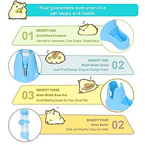 Litewoo Hamster Water Bottle with Food Container Base Hut No Drip Drinking Dispenser for Dwarf Hamster Rats Mouse Gerbil Mice（Blue 80ML Removable Base）