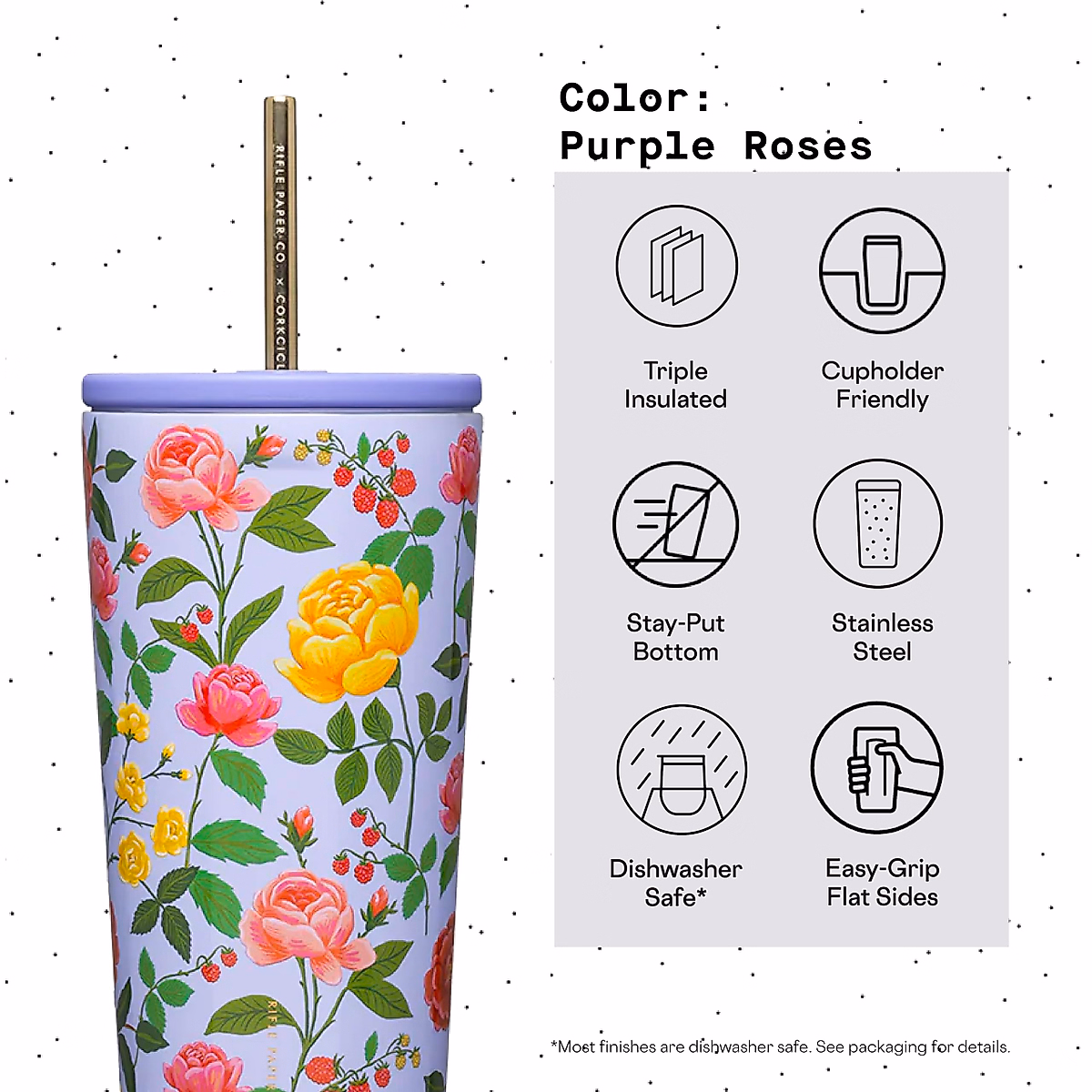 Corkcicle x Rifle Paper Co. Cold Cup Insulated Tumbler with Lid and Straw, Roses Purple, 24 oz – Reusable Water Bottle Keeps Beverages Cold for 12hrs, Hot 5hrs – Cupholder Friendly, Flexible Sip Lid