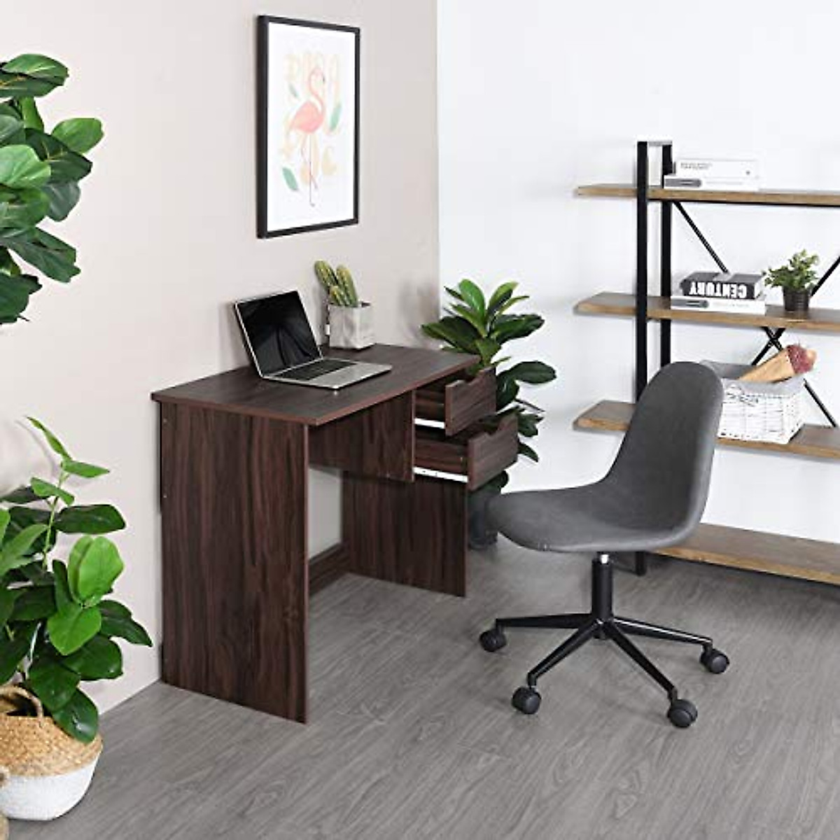FurnitureR Computer Desk Home Office Desk with 2 Drawers, 35.4'' Study Writing Desk Saves Spaces for Small Rooms, Wood Laptop Table Easy Assembly, Brown