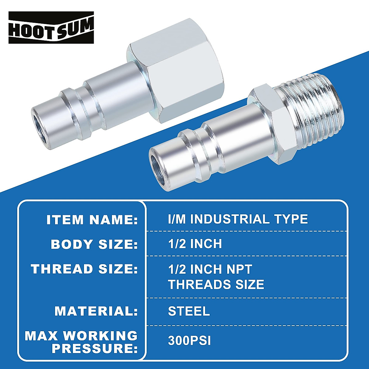 HOOTSUM 1/2’’ Air Hose Fittings Set, High Flow 1PC I/M Industrial Type Coupler with 1/2’’ FNPT, 2PCS Coupler with 1/2’’ NPT, 3PCS Steel Air Compressor Accessories Quick Connect Fittings 300PSI
