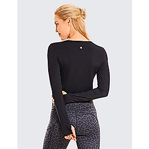 CRZ YOGA Long Sleeve Crop Tops for Women Workout Cropped Top Yoga Slim Fit Athletic Gym Shirts with Thumb Hole Black Medium
