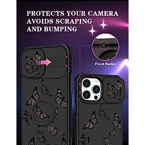 Goocrux (2in1 for iPhone 13 Pro Max Case for Women Butterfly Girls Girly Phone Cover Cute Black Butterflies Unique Design with Slide Camera Cover+Ring Holder Fashion Cases for Apple 13 Pro Max 6.7''