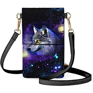 HUGS IDEA Leather Phone Purse Small Crossbody Bag Mini Touch Phone Purse Shoulder Bag with Galaxy Wolf Pattern for Women Ladies