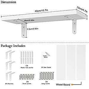 BHFOW 3 Pack Floating Wood Shelves, Wall Mounted Shelves,Display Storage Shelf, Home Decor Photo Display, Organizer Shelf with Elegant Metal Brackets for Living Room/Bedroom/Bathroom/Kitchen,White
