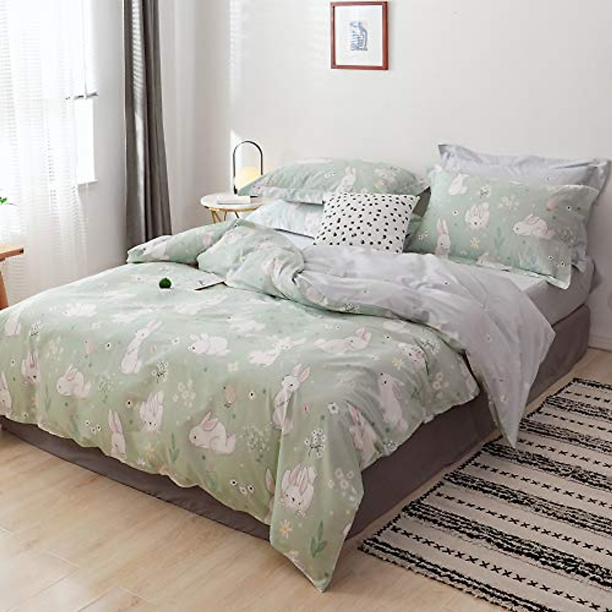 BlueBlue Rabbit Kids Duvet Cover Set, 100% Cotton Bedding for Boys Girls Teens Single Bed, Cartoon White Rabbit Flower Pattern Print on Light Green, 1 Comforter Cover 2 Pillowcase (Twin, Cute Rabbit)