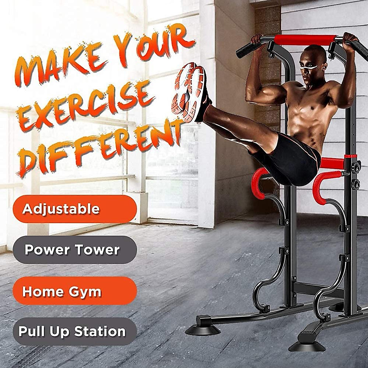 KDFJ Pull Up & Dip Stand Power Tower Dip Station Pull Up Bar Home Gym Strength Training Durable Single Push Ups Stands-Black