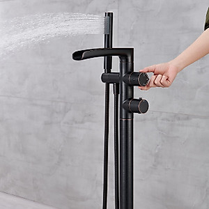 Qinkell Thermostatic Freestanding Tub Filler Floor Mount Waterfall Bathtub Faucet Oil-Rubbed Bronze Bathroom Taps with Handheld Shower