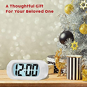 Plumeet Digital Alarm Clock Travel Clock with Snooze and Nightlight - Easy to Set Simple Bedside Alarm Clocks for Kids - Ascending Sound - Battery Powered (White)