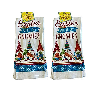 Set of 2 Kitchen Towel Easter Gnome Towel | Easter with My Gnomies Towel | Happy Easter Tea, Dish Kitchen Towels Packaged in a Soko Smiles Bag and Easter Peeps Card.
