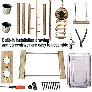 Hamiledyi Bird Playground for Conures Parrot Playstand Cockatiel Play Stand Wood Perch Gym Playpen Ladder Swing Chew Toy with Feeder Cups for Lovebirds Parakeet Cage Accessories Exercise Platform