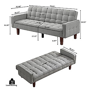 VIPNEW Convertible Futon Sofa Bed, Modern Tufted Loveseat Sofa Sleeper, Linen 3 Seater Couch for Living Room, Bedroom, Apartment, Grey