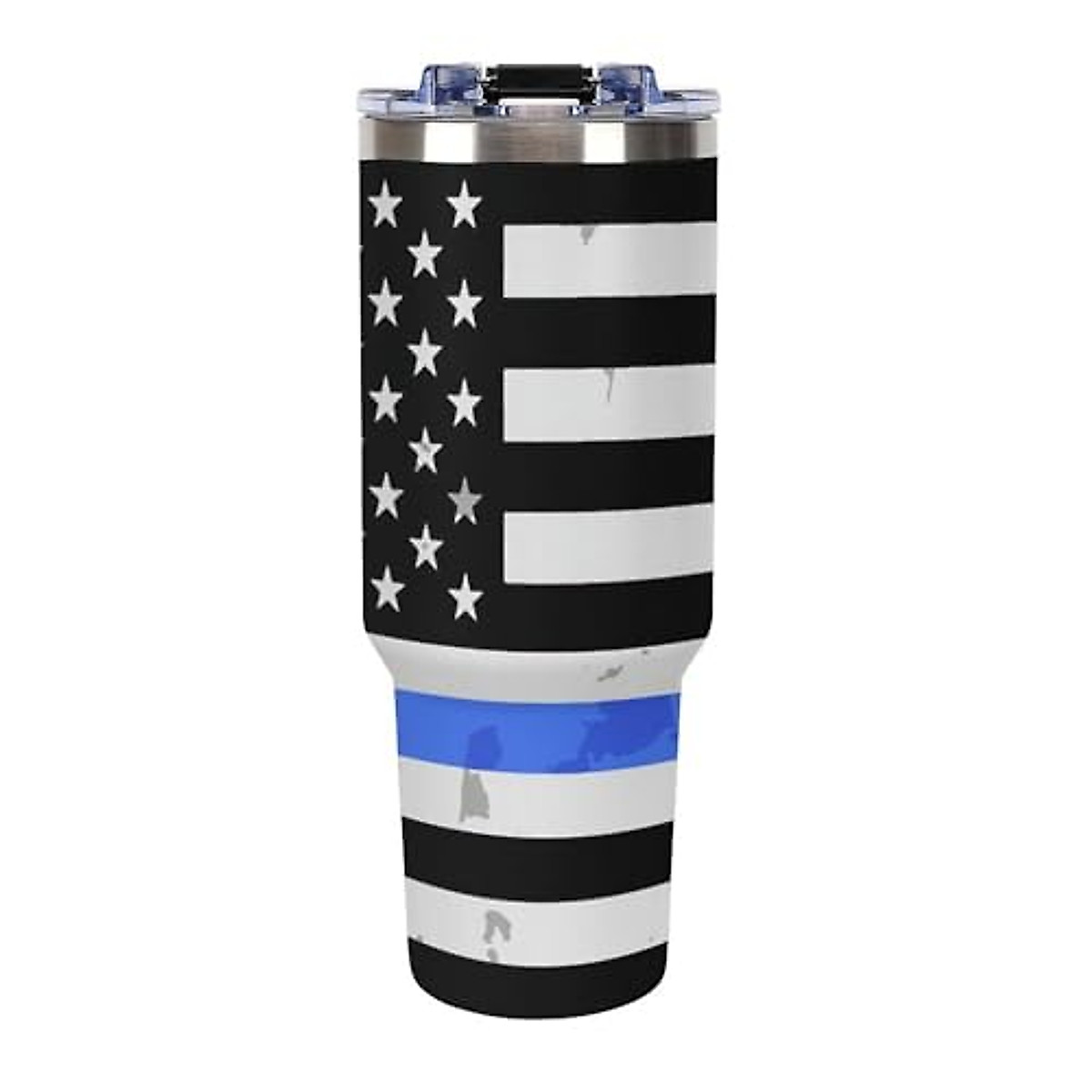 Large Capacity Stainless Steel Cup, Funny American Thin Blue Line Flag Police Pattern Black Handle Insulated Tumbler with Lid and Straw, 40 oz Water Bottle for Meeting, Travel