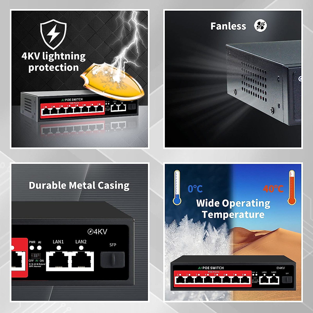 STEAMEMO 11-Port Ethernet Unmanaged PoE Switch, 8 PoE+ Ports@100W, 2 Gigabit Uplinks, 1*1.25G SFP Port, 250m Extend Mode, Fanless Sturdy Metal ,Plug and Play, Desktop or Wall Mount