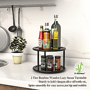 Lazy Susan Spice Rack Organizer - 2 Tier Bamboo Wooden Turntable for Cabinet,10 Inch Black