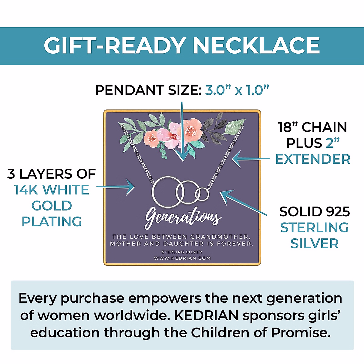 KEDRIAN Generations Necklace, 925 Sterling Silver 3 Generations Necklace, Best Grandma Gifts, Gigi Gifts for Grandma Necklace, Granddaughter Gifts From Grandma Birthday Gift, Great Grandmother Gifts