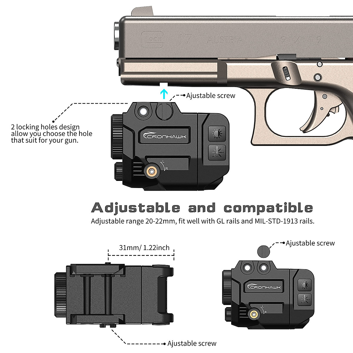 CRONHAWK 500 Lumens Tactical Weapon Flashlights Laser Sight - Rail-Mounted Light and Green Laser Light Combo for Pistol with Picatinny Rail and GL Rails - Magnetic Charging Port