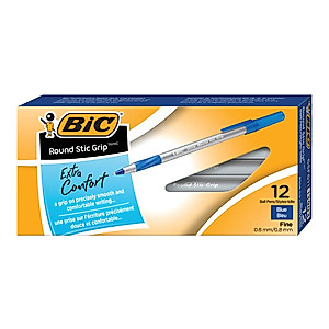 BIC GSFG11-Blu Round Stic Grip Xtra Comfort Ball Pen, Fine Point (0.8mm), Blue, 12-Count
