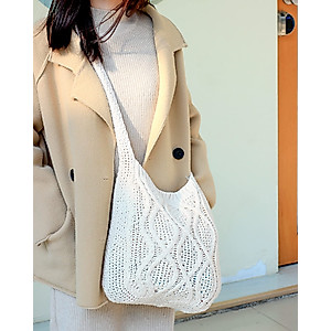 ENBEI Women's Shoulder Handbags Crochet Bags aesthetic canvas cute Shopping tote (White)