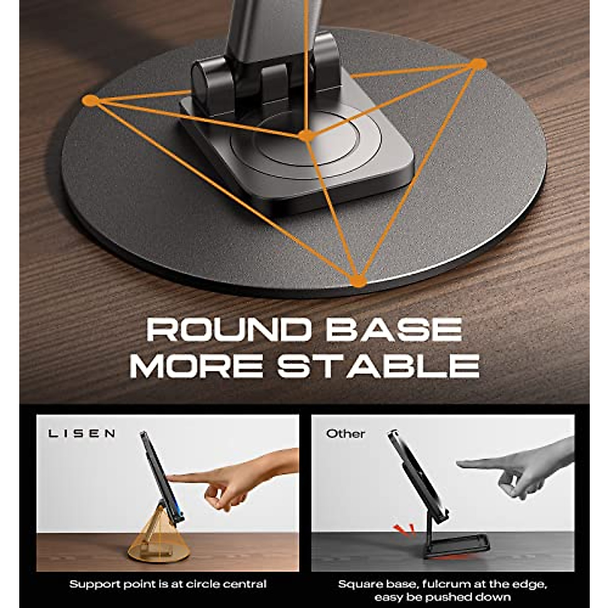 LISEN Rotatable Cell Phone Stand Height Adjustable iPhone Holder for Desk Portable Cellphone Stand Compatible with All Mobile Phone iPhone 15 14 Pro Max Desk Accessories (20X Stable Space Black)