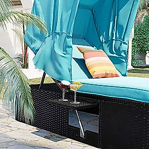 Merax Chaise Lounge Chair with Adjustable Canopy, Outdoor Reclining Chaise with Cushions & Flip-up Table, Patio PE Rattan Wicker Sun Lounger for Poolside (Blue Chaise x 2)