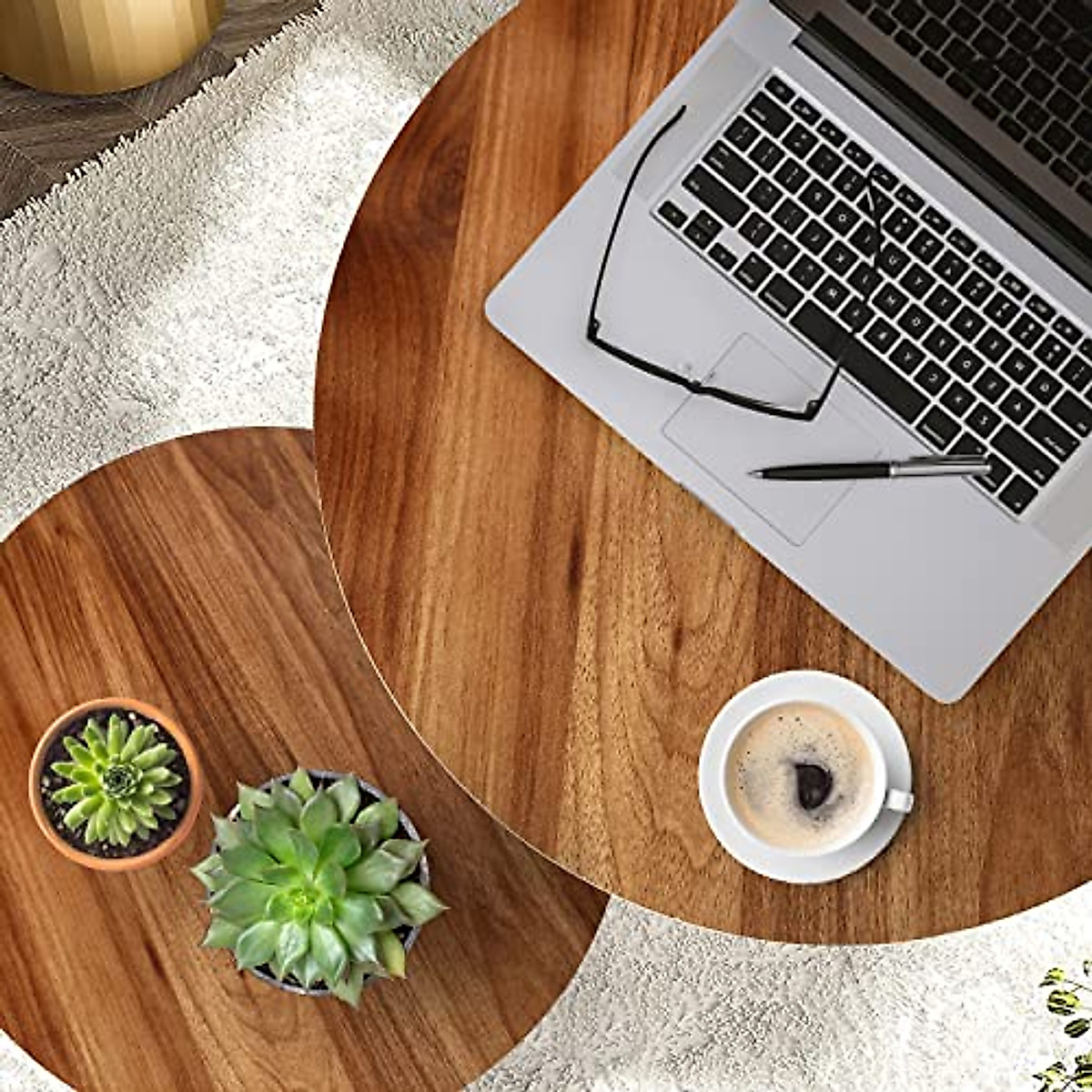 Coffee Tables for Living Room - Small Round Coffee Table Set of 2, Center Table with Solid Wood Grain Table Top and Sturdy Metal Frame, Nesting Tables for Small Spaces, Easy to Assemble (Walnut)