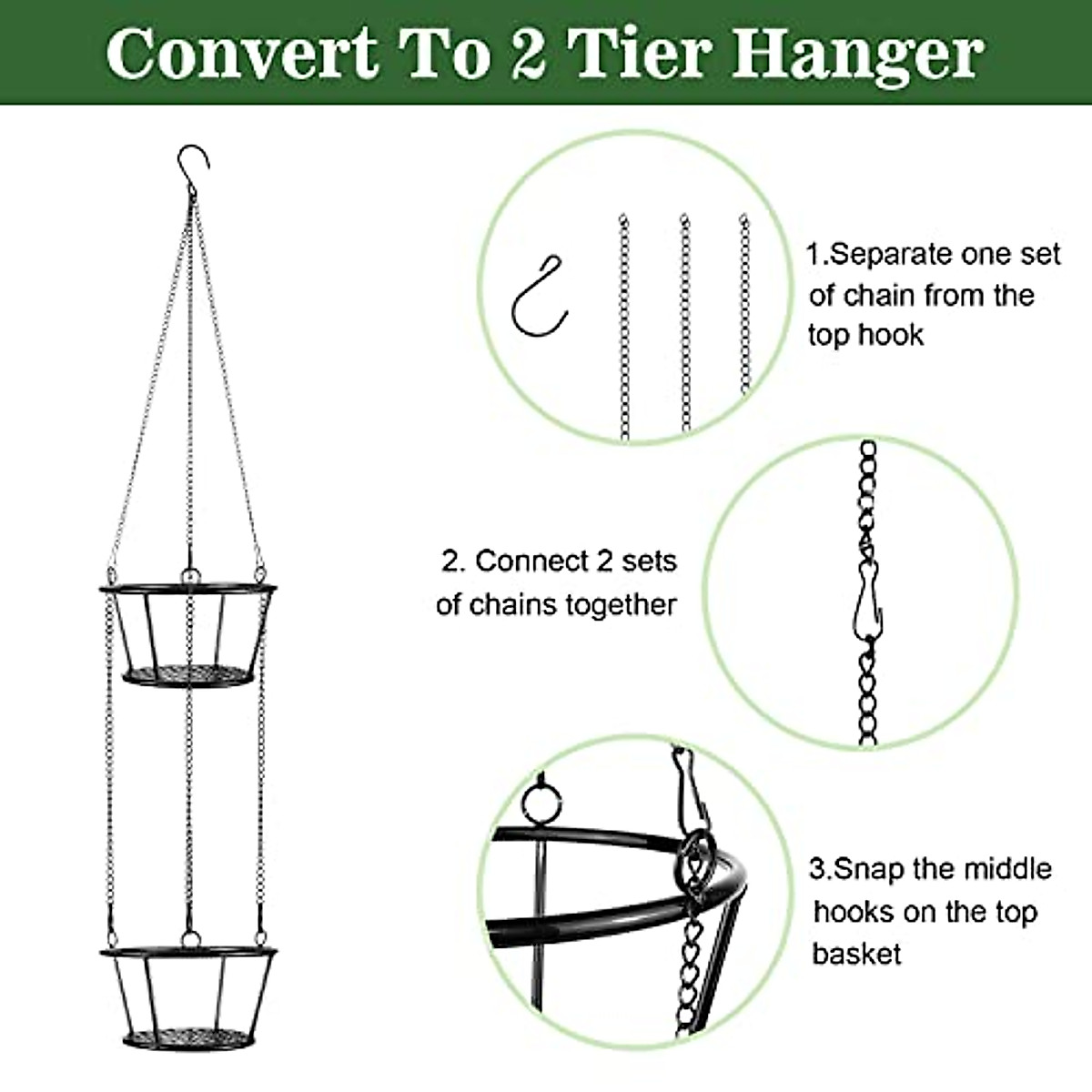 ARTORA 2 Pack Metal Plant Hanger, Modern Plant Hanging Basket Decorative Black Plant Pot Holder Flower Planter Hanging Chain for Balcony Porch Indoor Outdoor Home Decor (Black 2PCS)