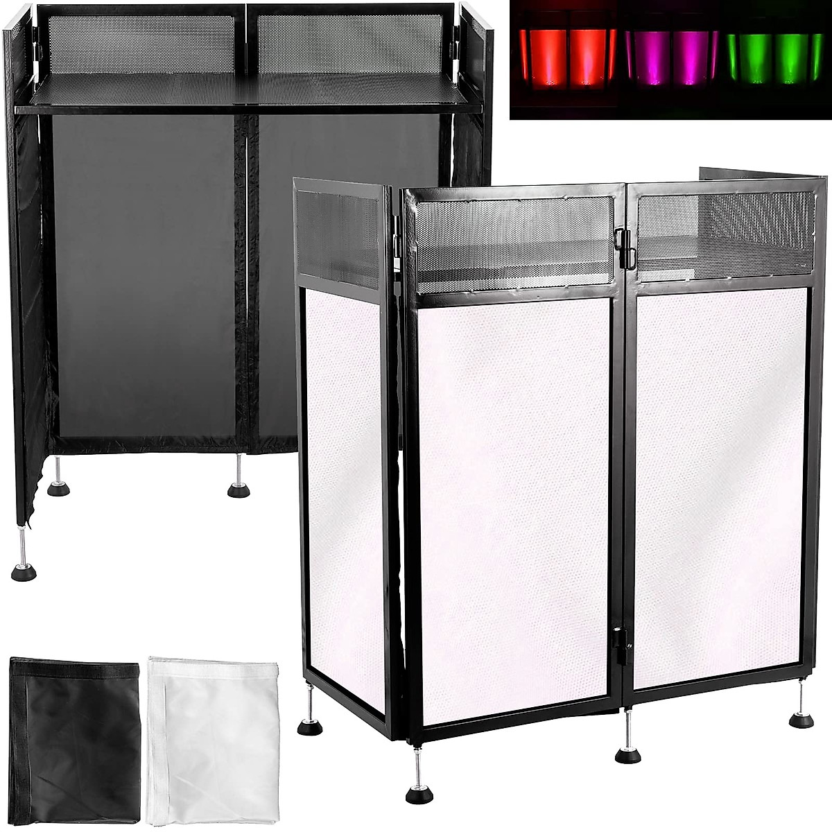 Happybuy 20x40x45 Inches DJ Facade Table Station, DJ Booth Flat Table Top 20x40 Inch, Adjustable DJ Event Facade with White & Black Scrim, Folding DJ Booth Metal Frame, Foldable Cover Screen
