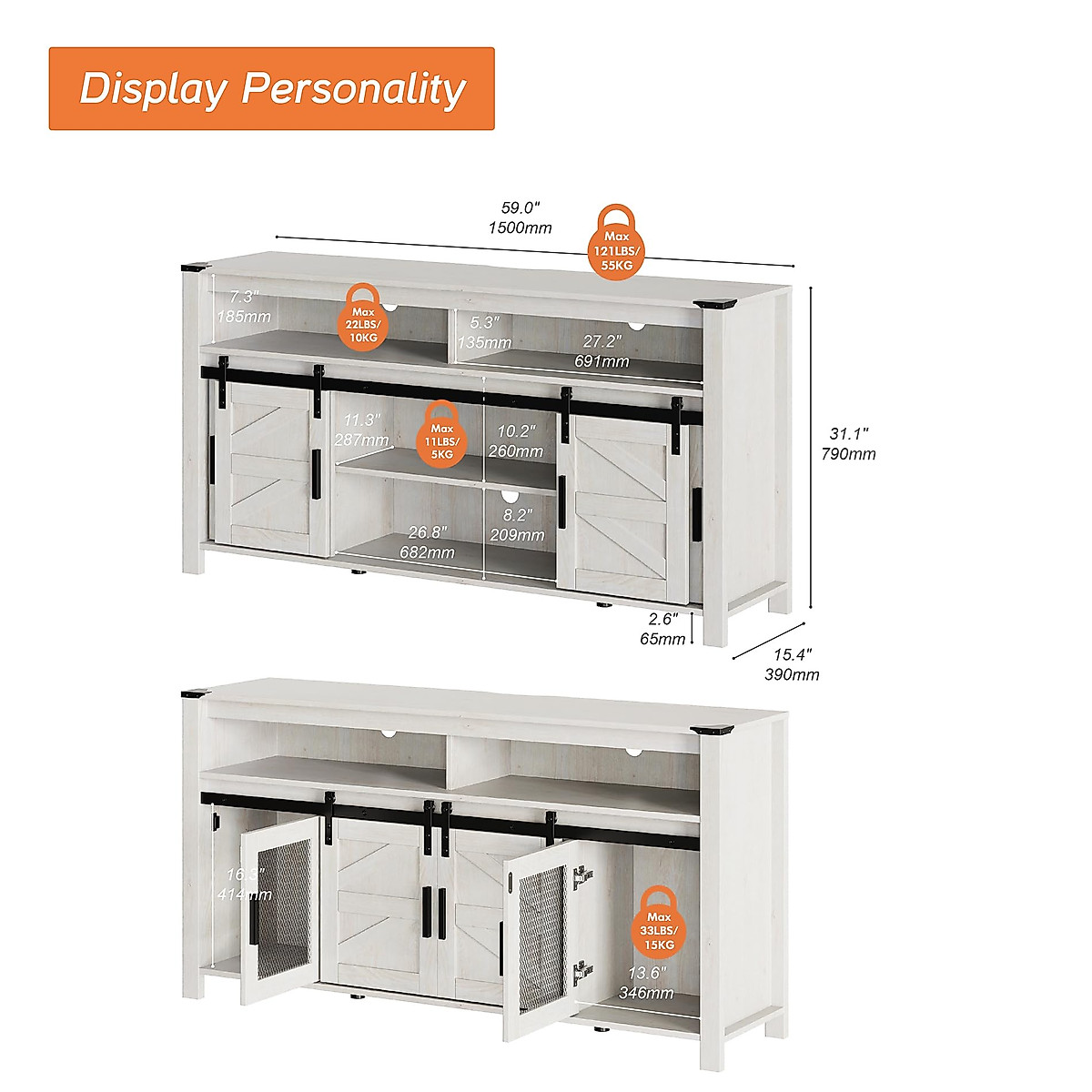 WAMPAT Farmhouse Buffet Cabinet, Rustic Sideboard with Sliding Barn Doors, 59" Coffee Bar Storage Cabinet with Mesh Doors, Antique White Cupboard Table for Kitchen, Dining Room, Living Room