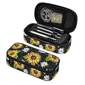 Sunfower Pencil Case High Capacity Floral Pen Pouch for Teen Girls Boys Durable Pencil Box Designed Pen Bag for Men Women with Zipper