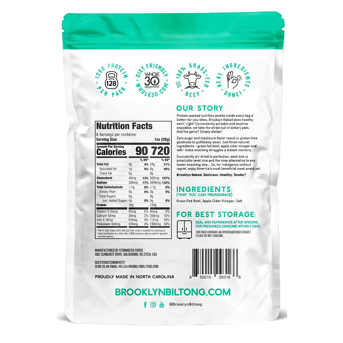 Brooklyn Biltong - Air Dried Grass Fed Beef Snack, South African Beef Jerky - Whole30 Approved, Paleo, Keto, Gluten Free, Sugar Free, Made in USA - 8 oz. Bag (Naked)