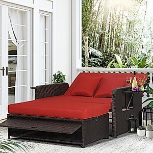 LDAILY Moccha Outdoor Daybed, Wicker Loveseat Sofa Set with 4-Postion Adjustable Backrest, Storage Ottoman, Cushions, Rattan Double Bed Lounger, Patio Furniture Set (Red)