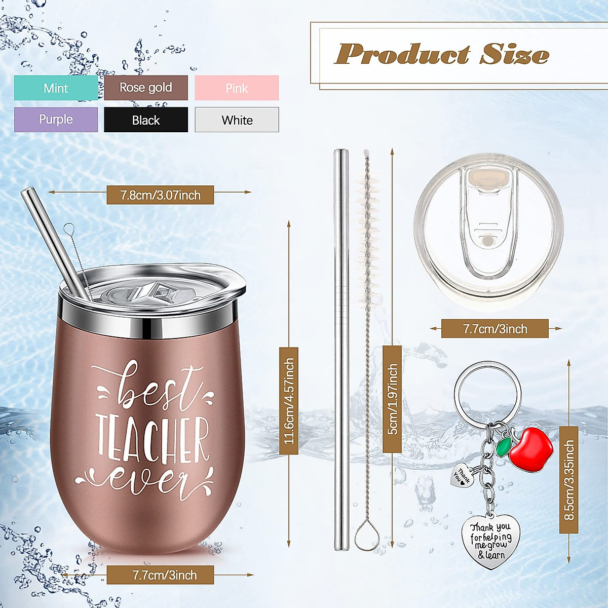 36 Pcs Teacher Appreciation Gift Sets 12 Oz Teacher Wine Tumbler for Women Valentines Day Gift for Teacher Thank You Gift Teacher Birthday Gifts Best Teacher Ever Cup and Keychain (Multi Color)