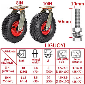 8/10-Inch Pneumatic Fixed Caster Wheel No Noise Swivel Castors with Brakes, 4pcs Wear-Resistant Replacement Foot Wheel, for Trolley Carts Furniture Dolly Workben