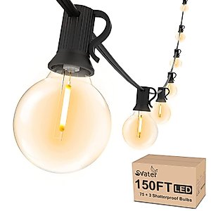 Svater Outdoor String Lights 150FT, Patio Lights with 75+3 Shatterproof LED Bulbs, Outside Plastic Hanging Globe Lights for Backyard Cafe Market Bistro, Dimmable Warm White 2700K