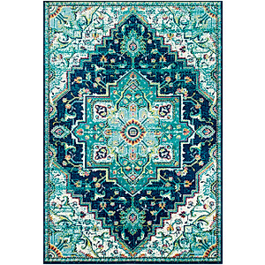 Livabliss Wendy Vintage Medallion Area Rug,5'3" x 7'9",Teal/Dark Blue