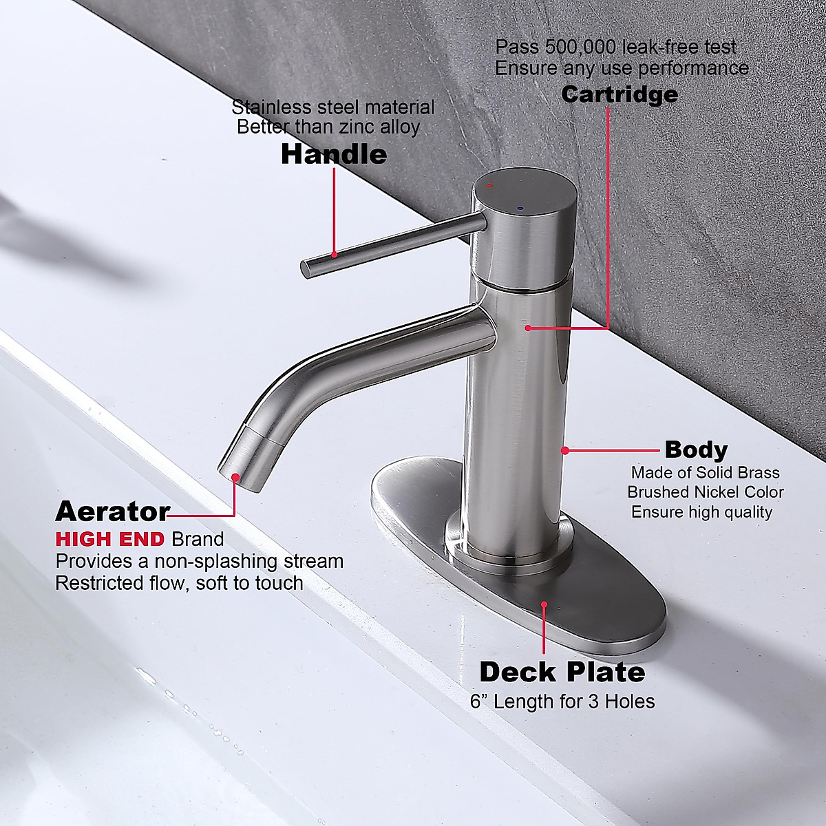 Brushed Nickel Single Hole Bathroom Faucets Single Handle, JXMMP Brushed Bathroom Vanity Sink Faucet with Pop Up Drain Assembly and 6 inch Deck Plate