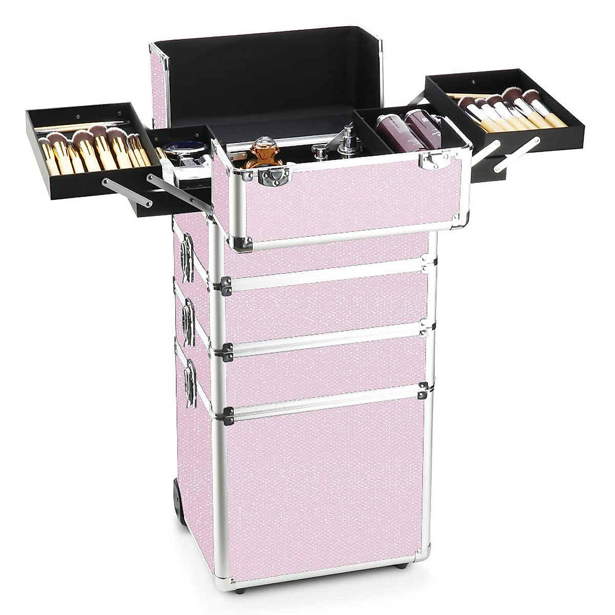 OUDMAY Makeup Case - 4 in 1 Professional Cosmetics Rolling Train Organizer with Aluminum Frame and Folding Trays Pink Diamonds
