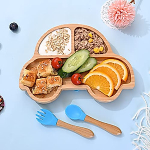 Car Bamboo Suction Plate Divider Feeding Plate for Toddlers and Babies (blue)