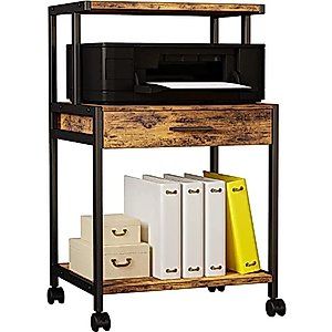 AWPFY Mobile Printer Stand Table, Rolling Cart with Drawer and 3 Tier Storage Shelf, Filing Cabinet for Home Office, Vintage Brown