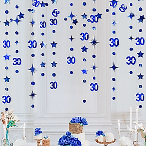Navy Blue 30th Birthday Decorations Number 30 Circle Dot Twinkle Star Garland Metallic Streamer Bunting Banner Backdrop for Her Happy Dirty 30 Year Old Birthday Thirty Anniversary Party Supplies
