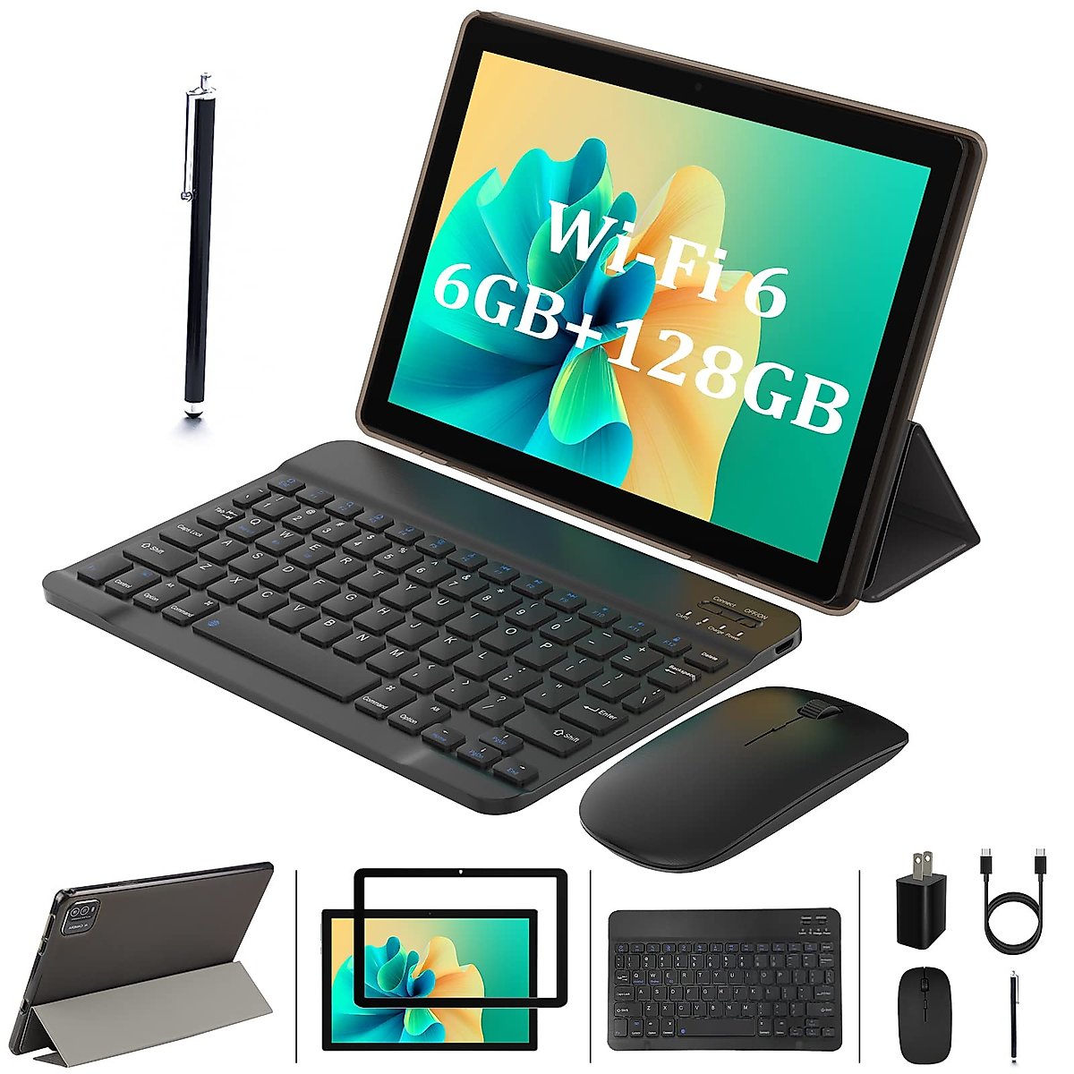 HOTTABLET Tablet with Keyboard, 2 in 1 Tablet 10 inch, 6GB RAM 128GB ROM 1T Expansion Tablet Android, 2.4Ghz/5Ghz/wifi 6 Tablet PC, IPS Screen, Dual Camera, 6000mAh Battery, with Case, Stylus, Black